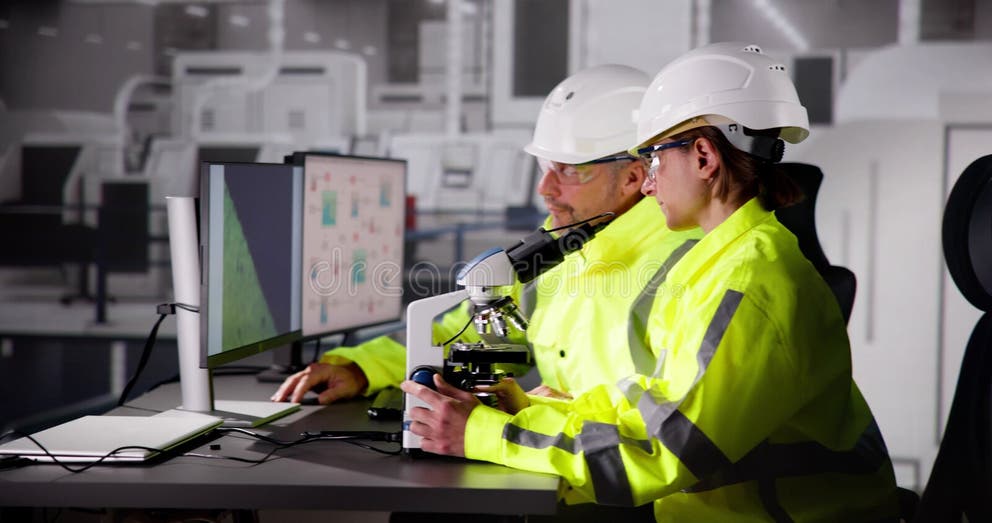 Worker in Electronic Device Factory Analyzing Data Chip Stock ...
