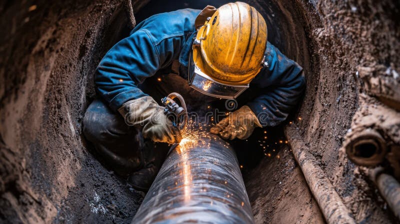 Worker Repairs Pipe Underground Using Grinding Tool during Construction ...