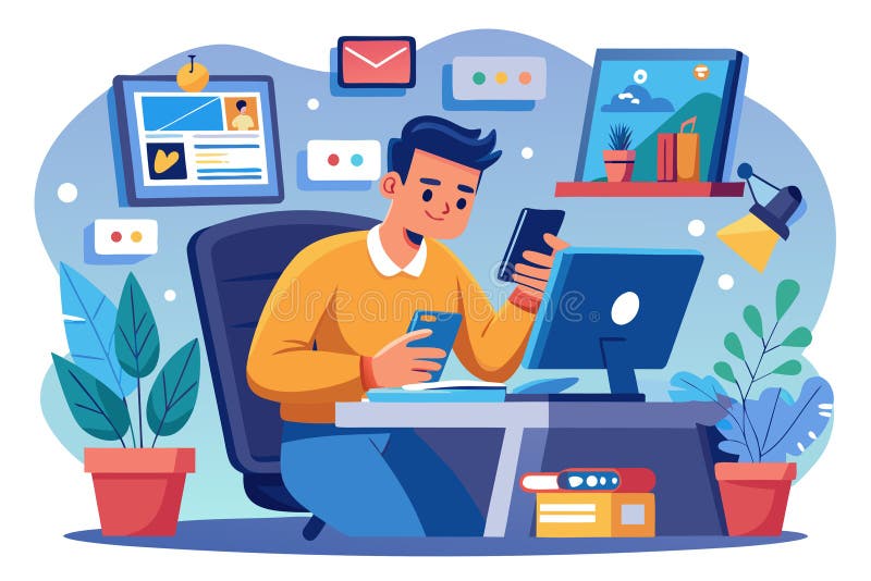 Worker Engaged in Social Media Browsing while Sitting at a Desk with ...