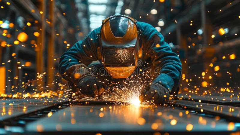 Worker Engages in Welding at a Manufacturing Facility during Day Shift ...