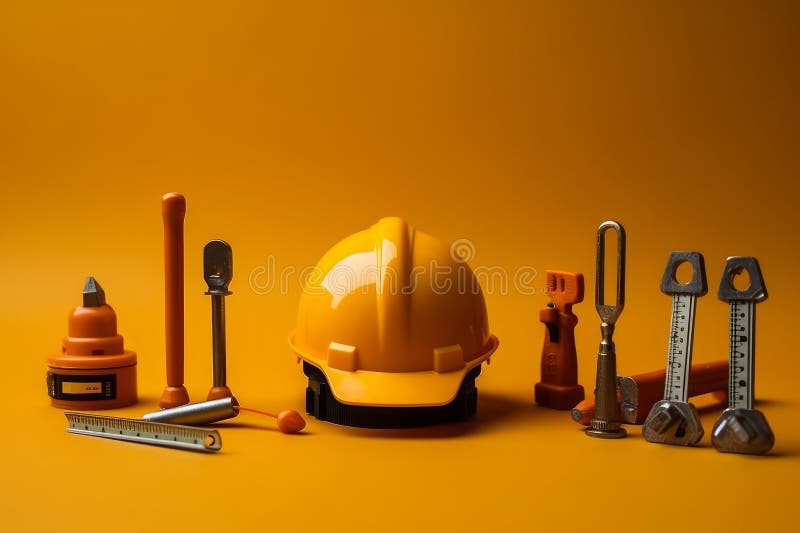 Worker Engineer Tools Side View on Yellow Background Stock Illustration ...