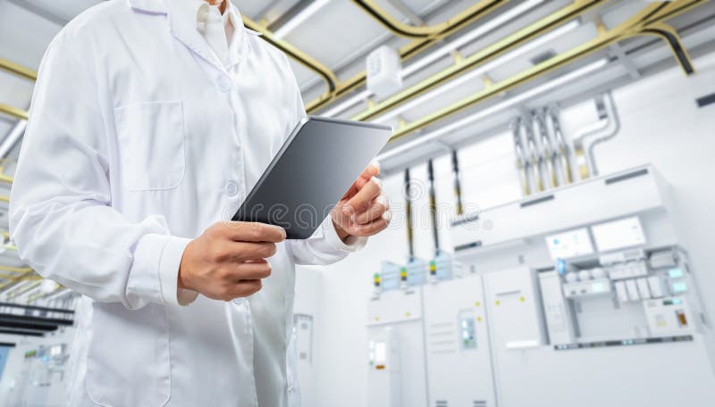Worker or Engineer Wears Lab Coat Work in Semiconductor Factory Stock ...