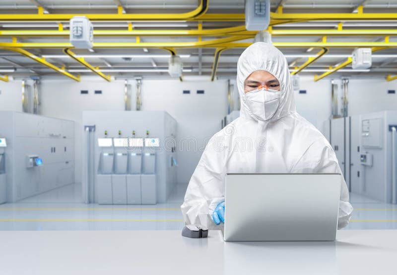 Worker or Engineer Wears Coverall Suit Work in Semiconductor ...