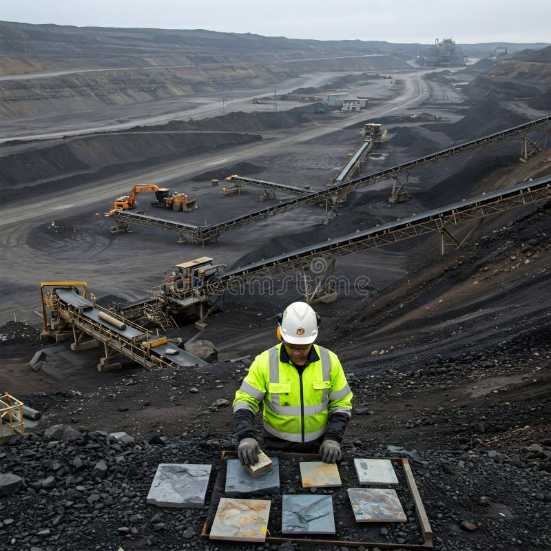 A Worker Examines Ore Samples at a Vast Open Pit Mine, Machinery and ...