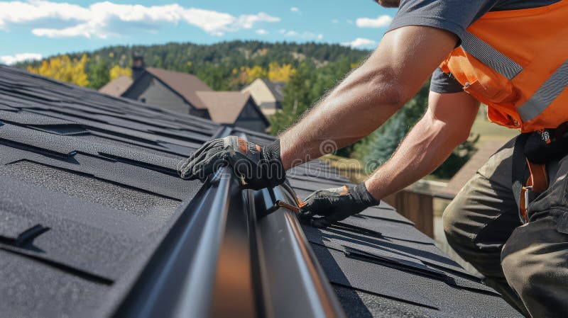 Professional Installation of Black Shingles on Rooftop with Roofing ...