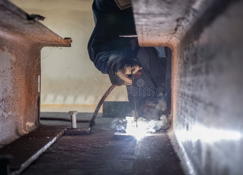 Worker Fabricate Structure by Shield Metal Arc Welding Process Stock ...