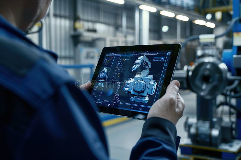 Factory Worker Operating Industrial Robot Using Tablet Control Panel ...