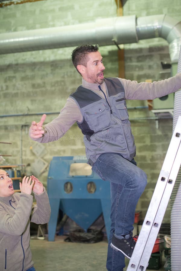 Worker Falling from Ladder in Factory Stock Photo - Image of liability ...