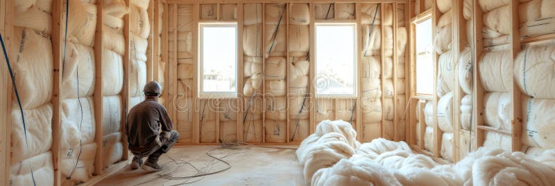 A Worker Fitting Batts of Cotton Wool Insulation between the Studs of a ...