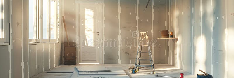 Worker Fitting Drywall Panels Onto a Stud Frame in a Residential ...