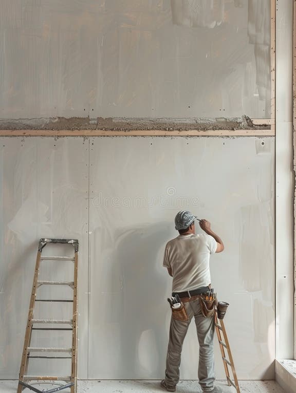 Worker Fitting Drywall Panels To Stud Frame during Renovation with ...