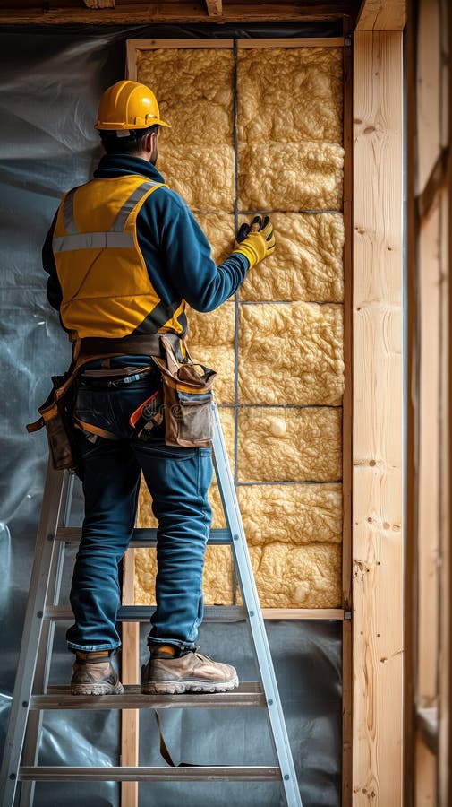 Worker Fitting Insulation Panel on Ladder in Construction Site Stock ...