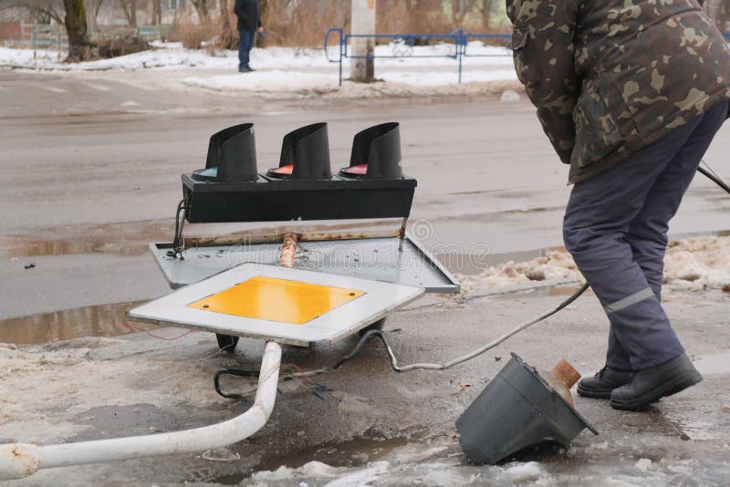 Worker Fix Lights of Broken Traffic Light Stock Photo - Image of ...