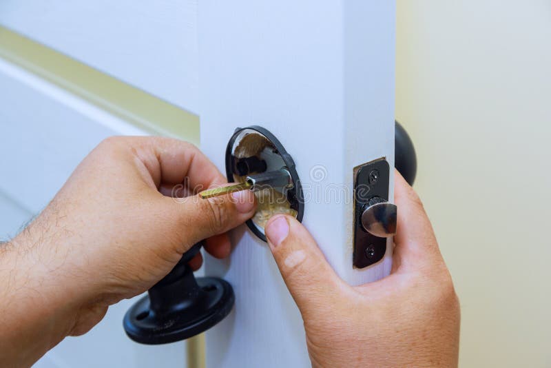 Worker Fixes Lock Onto Recently Added Interior Door Stock Image - Image ...