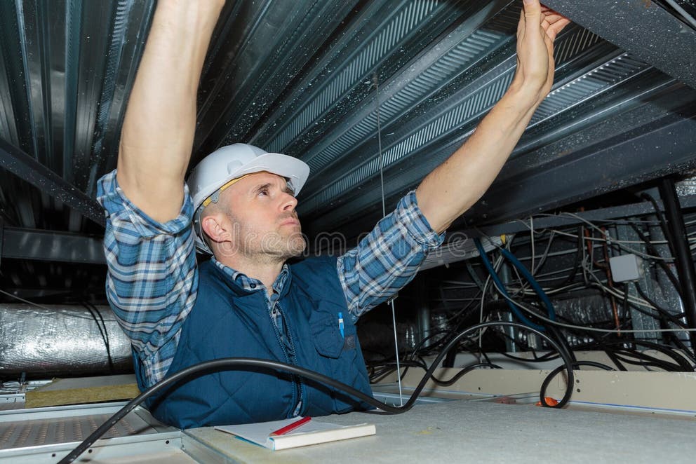Worker Fixing Ceiling Panel in Building Stock Image - Image of putty ...