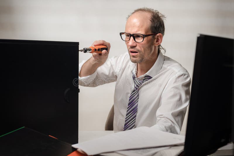 Worker fixing computer stock image. Image of recovery - 211804891