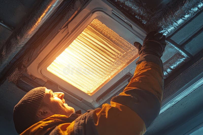 Worker Fixing Illuminated Ceiling Hatch Warm Light Intense Focus Stock ...