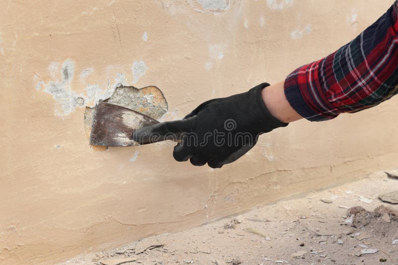 Old Damaged Mortar Scraping, Removal from Wall Stock Image - Image of ...