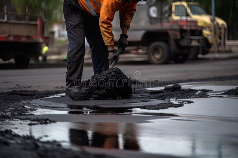 Worker, Fixing Pothole with Hot Asphalt Mixture Stock Illustration ...