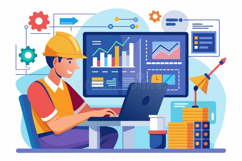 A Worker Focuses on a Digital Display Showing Graphs and Data while ...