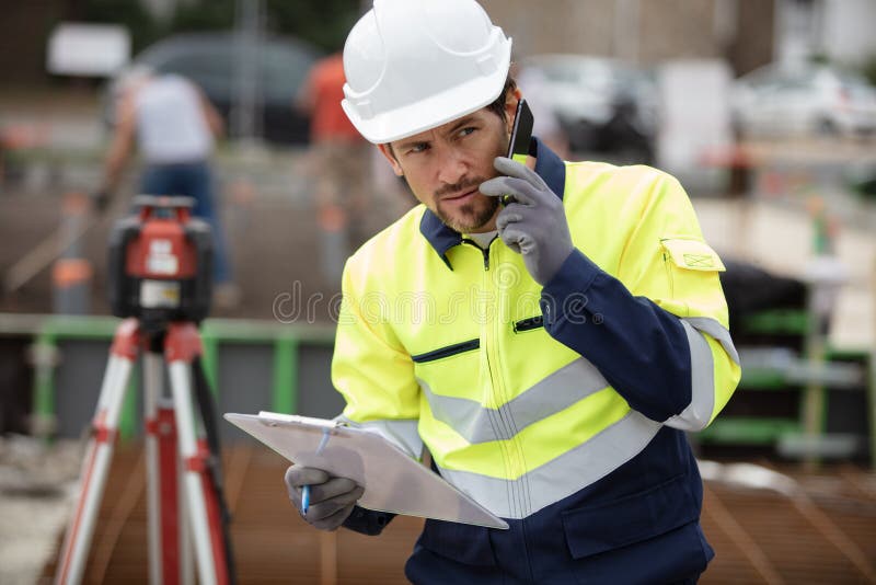 Worker in Front Laptop Computer on Site Stock Image - Image of builder ...
