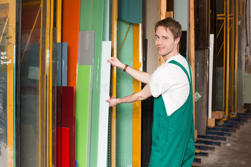 Worker in Glass Glazier S Workshop Stock Image - Image of technician ...