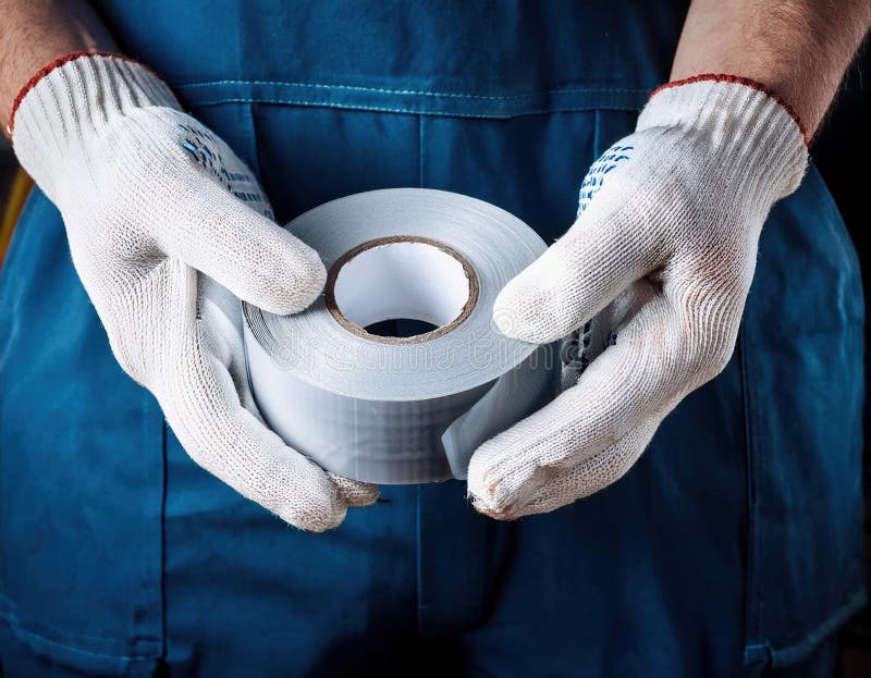 Worker Holding a Roll of Adhesive Tape in Hands while Wearing Gloves in ...
