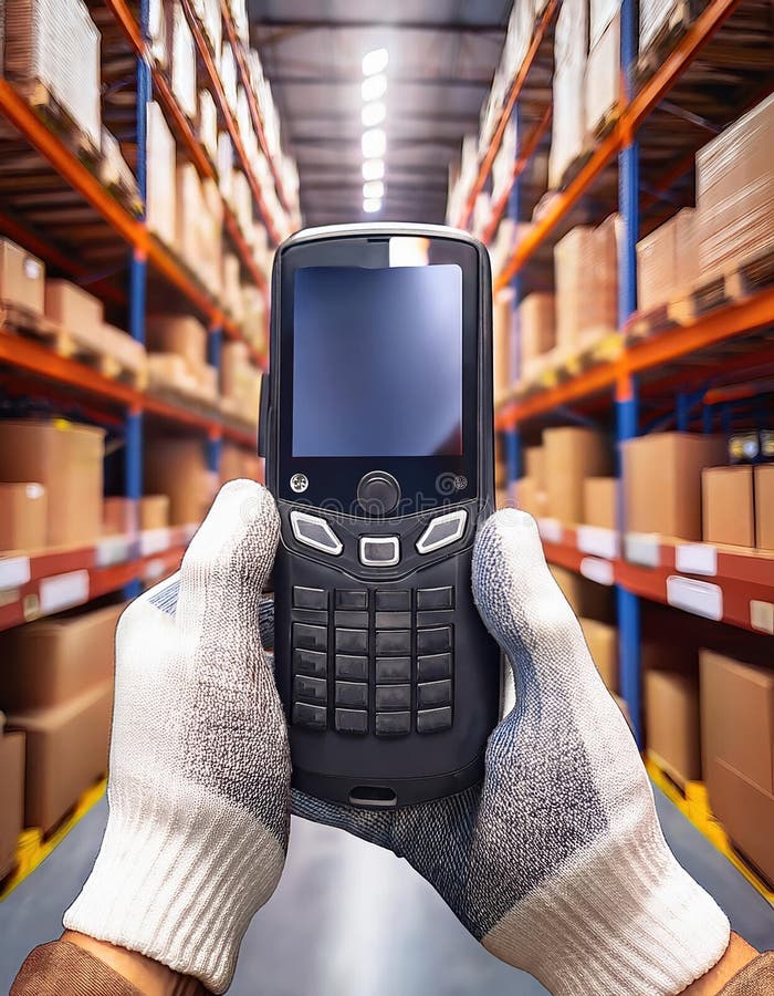 Worker Using a Handheld Device in a Warehouse Filled with Boxes during ...