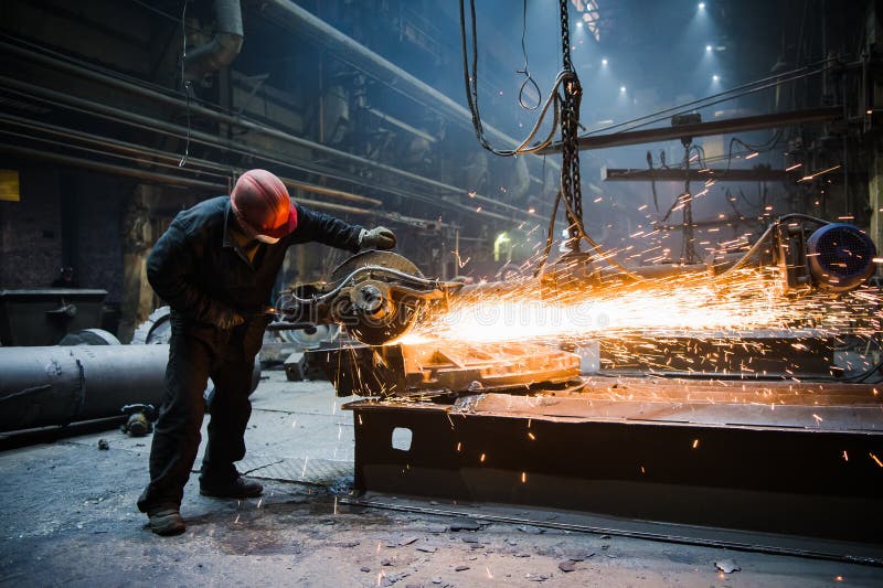 Grinding in a Steel Factory. Worker with a Big Saw Cutting Metal. Stock ...