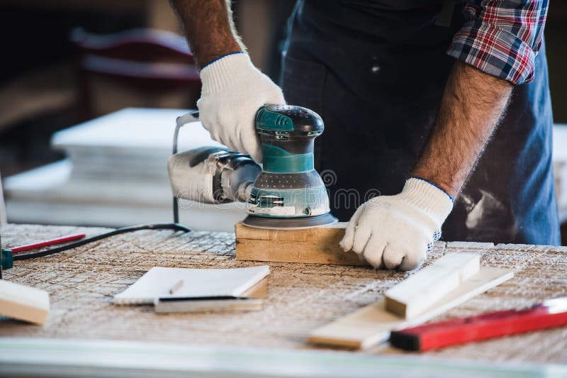 Worker Grinds the Wood of Angular Grinding Machine Stock Photo - Image ...