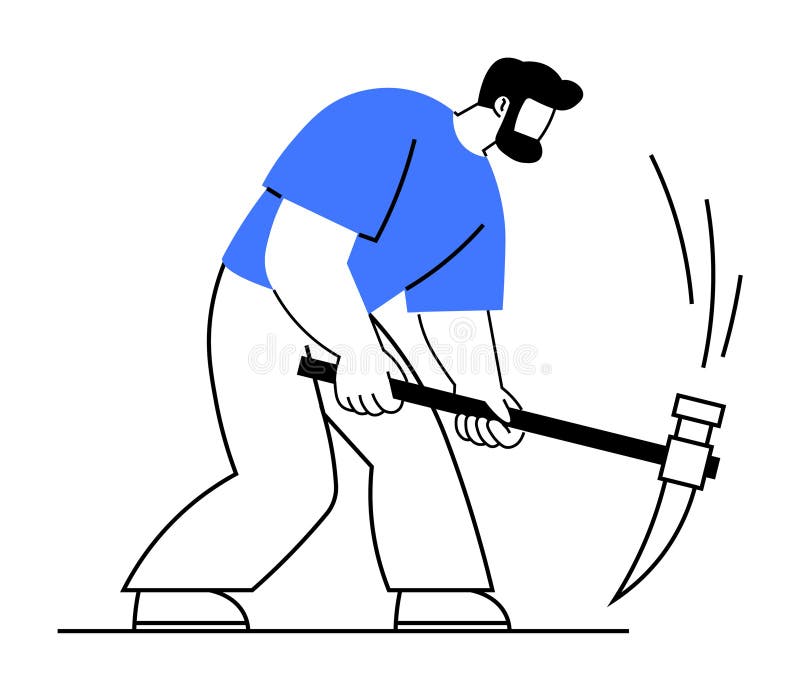 Worker with Hammer Pickaxe in Action Hard Work and Labor Concept on ...