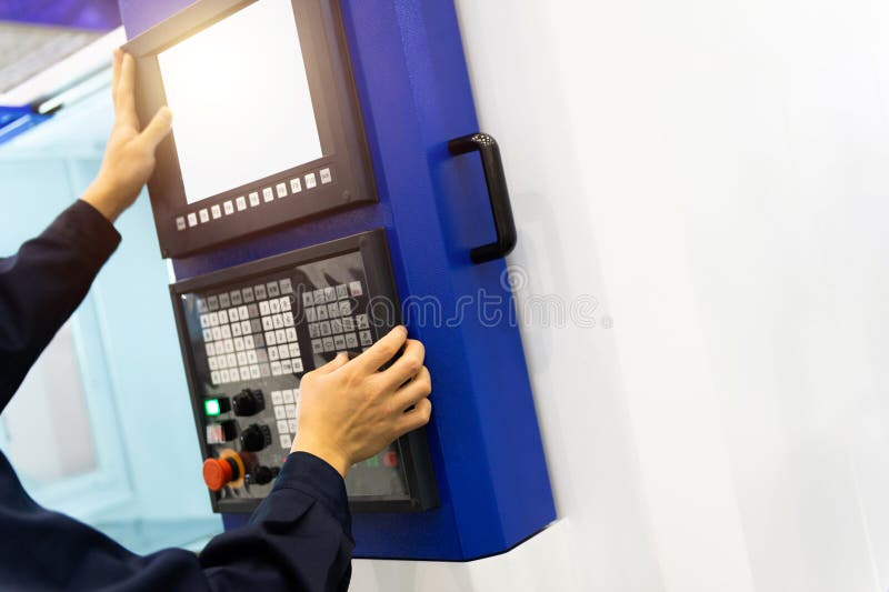 Worker Hand Controling Cnc Machine Stock Image - Image of industrial ...