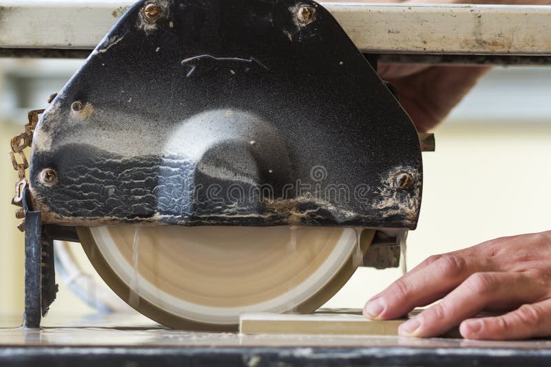 Worker Hand Cutting Ceramic Tile with Water Cutting Machine Close-up ...