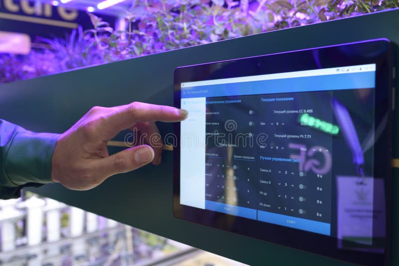 Worker Hand Touching Control Panel of Hydroponics System Adjusting it ...