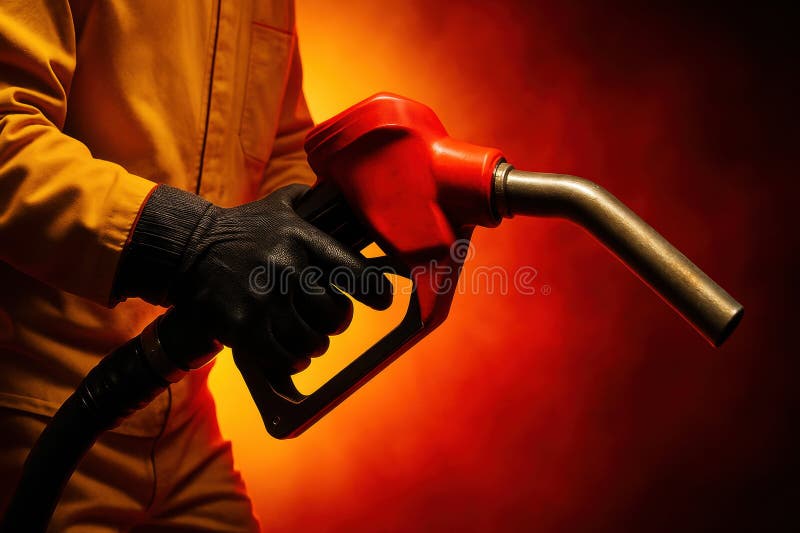 Worker Handles Fuel Nozzle in a Dramatic Setting with Illuminated ...