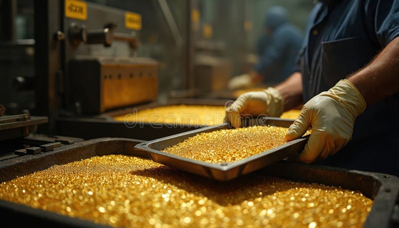 Worker Handles Trays Filled Gold Flakes in Processing Facility. Process ...