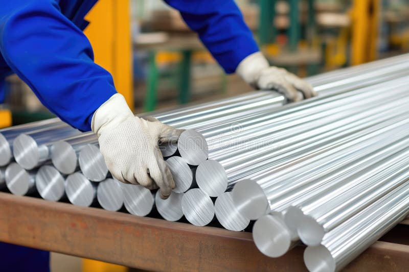 Worker Handling Aluminum Rods in Industrial Setting Stock Image - Image ...