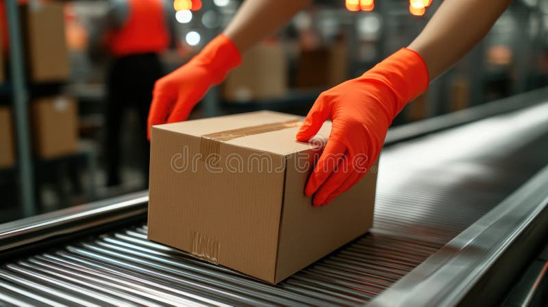 Worker Handling Cardboard Box on Conveyor Belt in Distribution Center ...