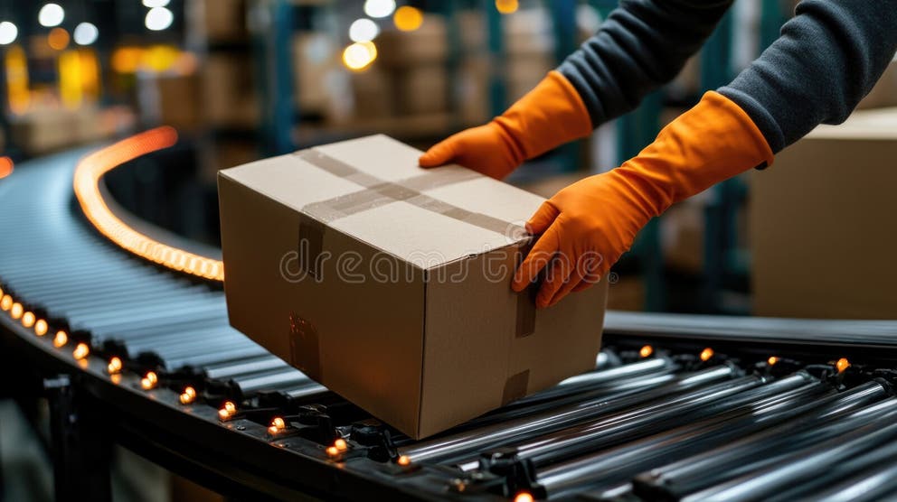 Worker Handling Cardboard Box on Conveyor Belt in Warehouse Stock Photo ...