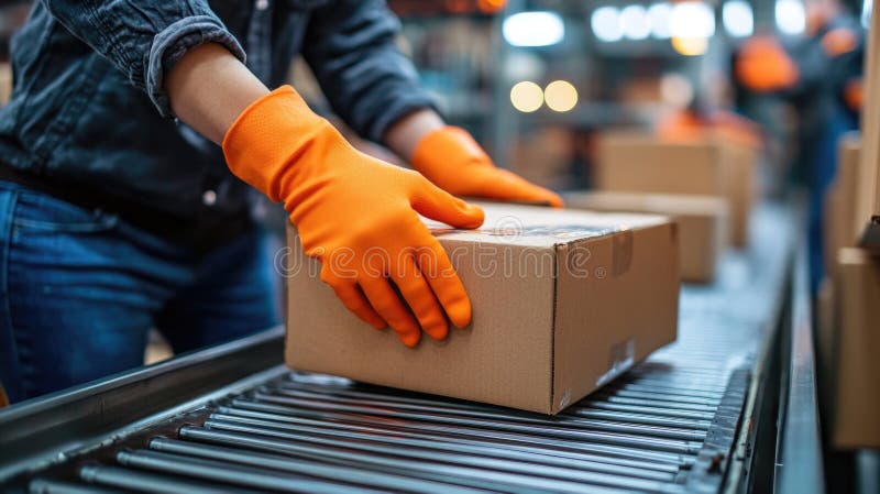 Worker Handling Packages on Conveyor Belt in Warehouse Setting with ...