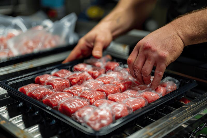 Worker Handling Raw Meat on Conveyor Belt in Food Processing Facility ... Worker Handling Raw Meat on Conveyor Belt in Food Processing Facility ...