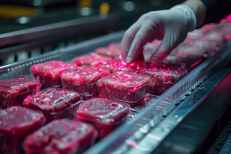 Worker Handling Raw Meat on Conveyor Belt at Food Production Facility ... Worker Handling Raw Meat on Conveyor Belt at Food Production Facility ...