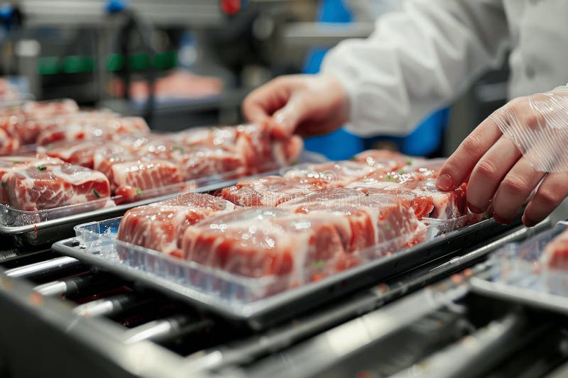 Worker Handling Raw Meat on Production Line with Industrial Meat ...
