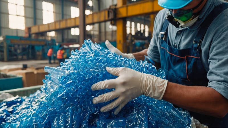 Worker Handling Recycled Plastic in a Factory, Showcasing the Plastic ...