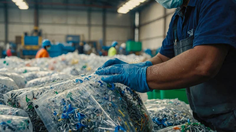 Worker Handling Recycled Plastic in a Factory, Showcasing the Plastic ...