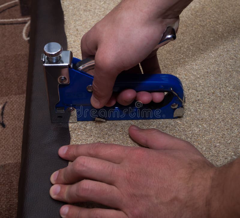 Worker Hands Using Stapler and Leather Upholstering the Paricle Board ...