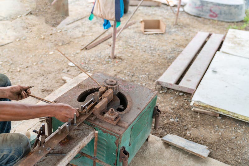 Worker Hands Working by Using Rebar Bender Machine Reinforcing Concrete ...