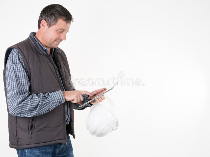 Worker Handsome Foreman Man Work with Tablet Computer Stock Image ...