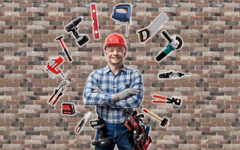 Worker Handyman Jack of All Trades or Builder with Construction Tools ...