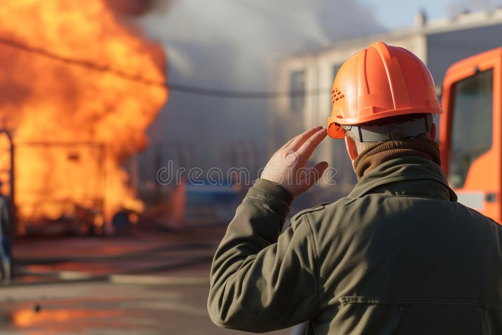 Worker in Hard Hat Calling for Help Outside Fire Stock Image - Image of ...